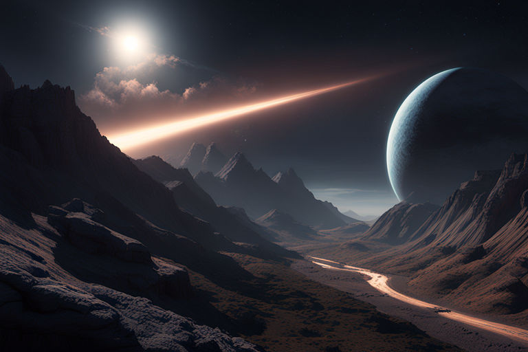 White beam illuminating the rugged terrain of an alien plane... by ...