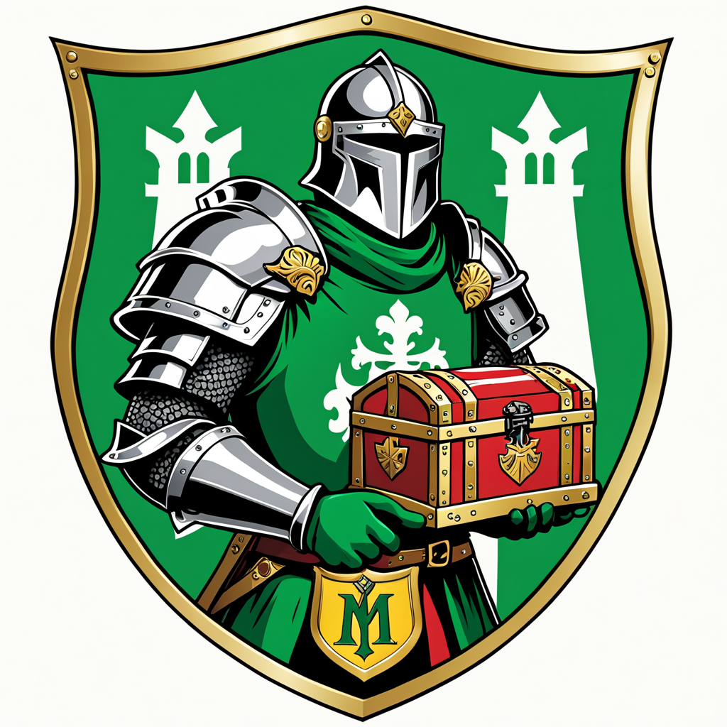A logo of a medieval knight holding a treasure chest with th... by ...