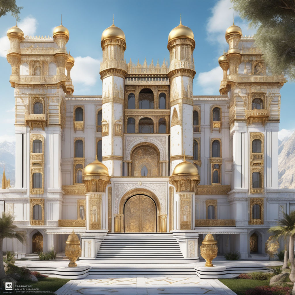 A large rectangular palace with towers at the corners and at... by ...