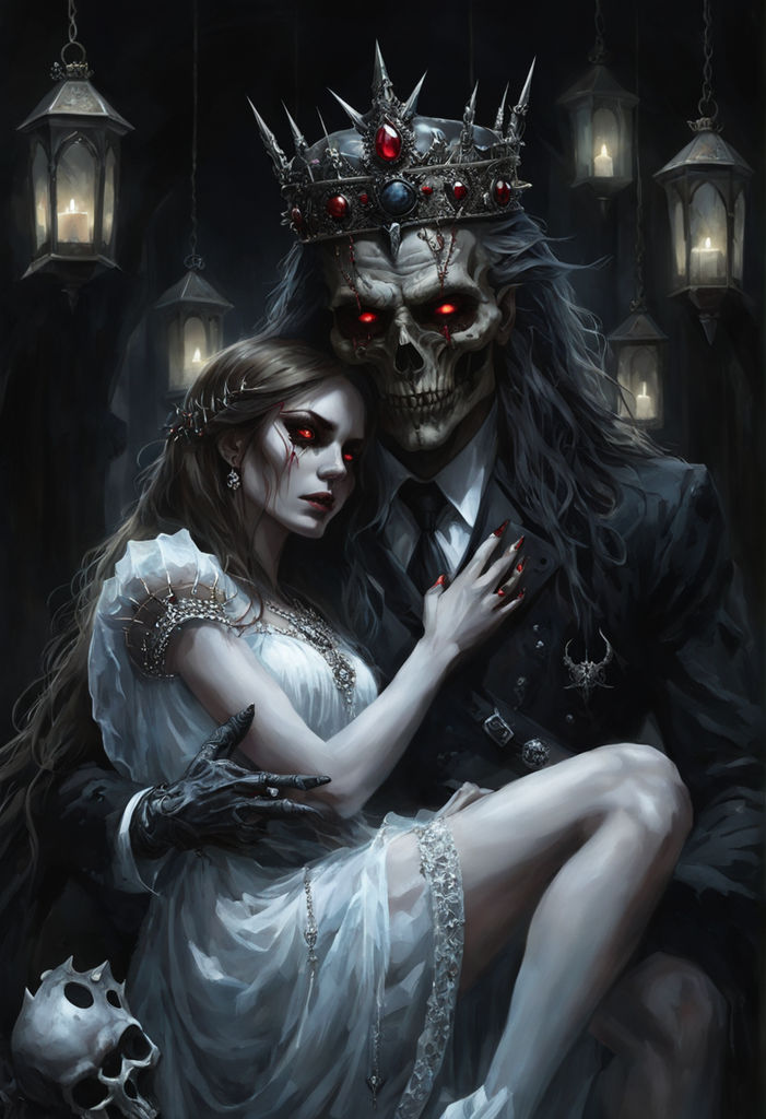 A dark fantasy illustration featuring an eerie scene with tw... by ...