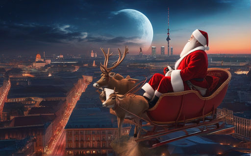 Male caucasian santa in red wooden sleigh pulled by reindeer... by Mail ...