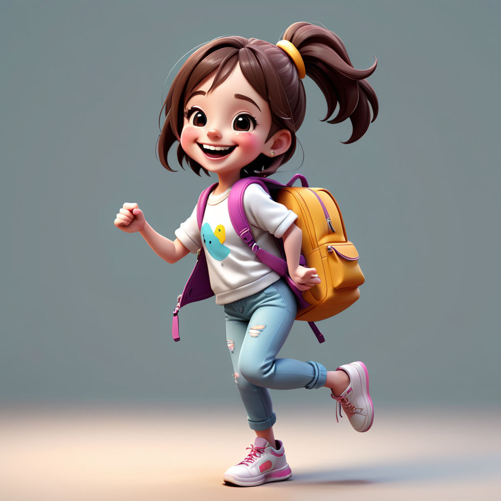 3d cartoon cute girl back bag smile pants dance solid backgr... by Amit ...