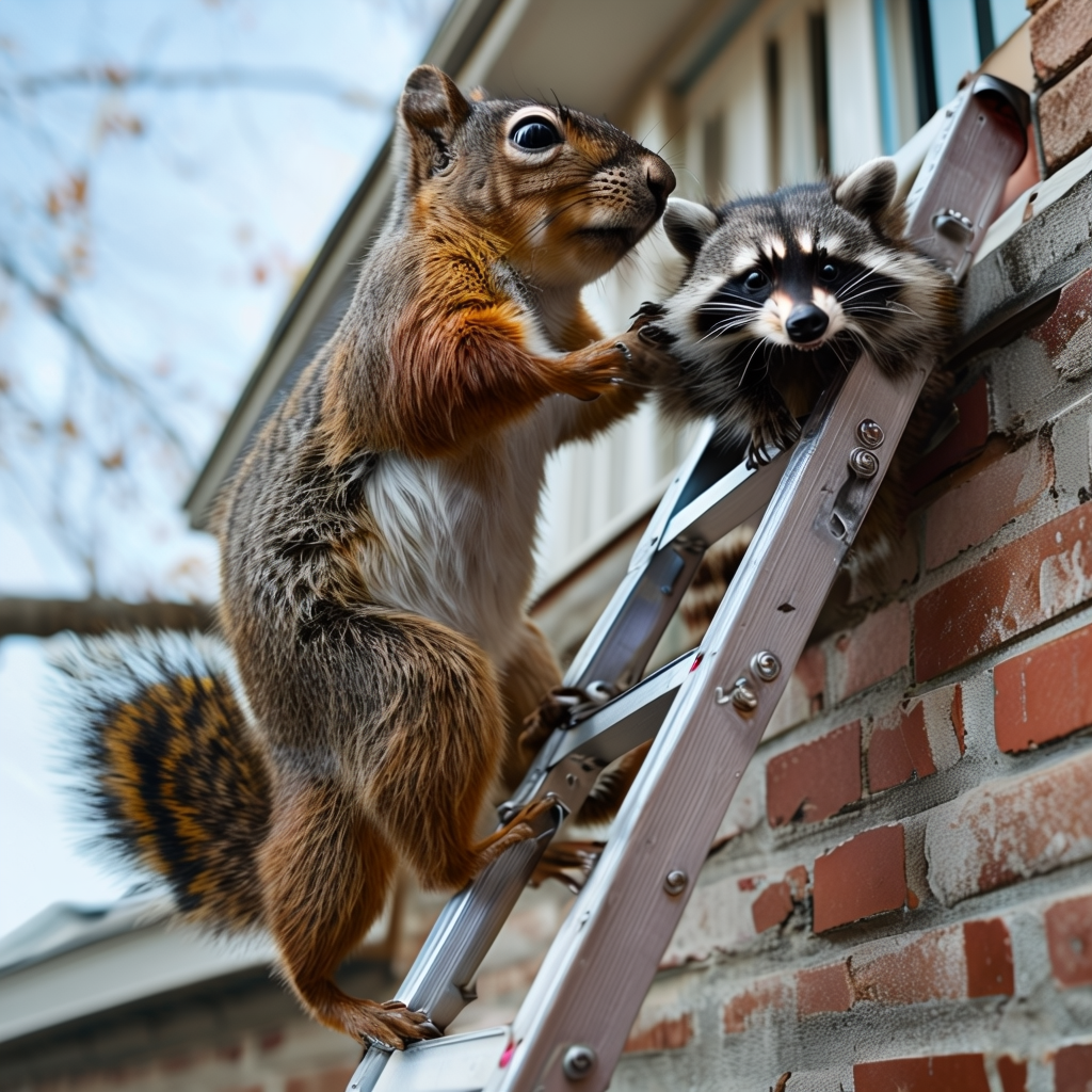 Squirrel man climbing a ladder to evict a raccoon by CHRIS FEENEY ...