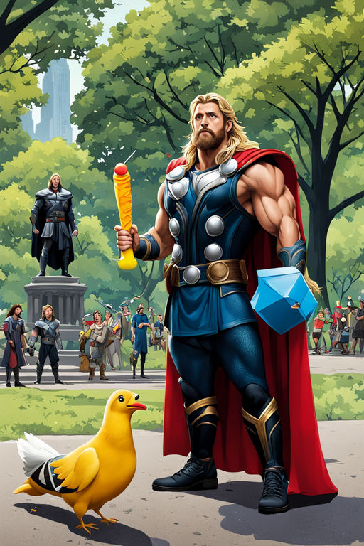 A confused hotdog vendor looks up at a bewildered Thor stand... by ...