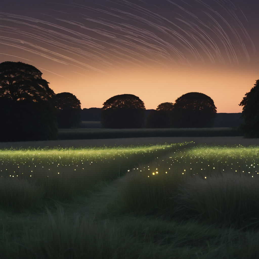 A field at dusk with fireflies lighting up the scene. Text by AIR BUS - Playground