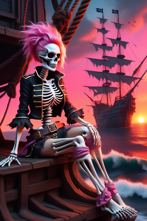 A skeleton pirate girl with pink hair and in ragged pirate c... by John ...