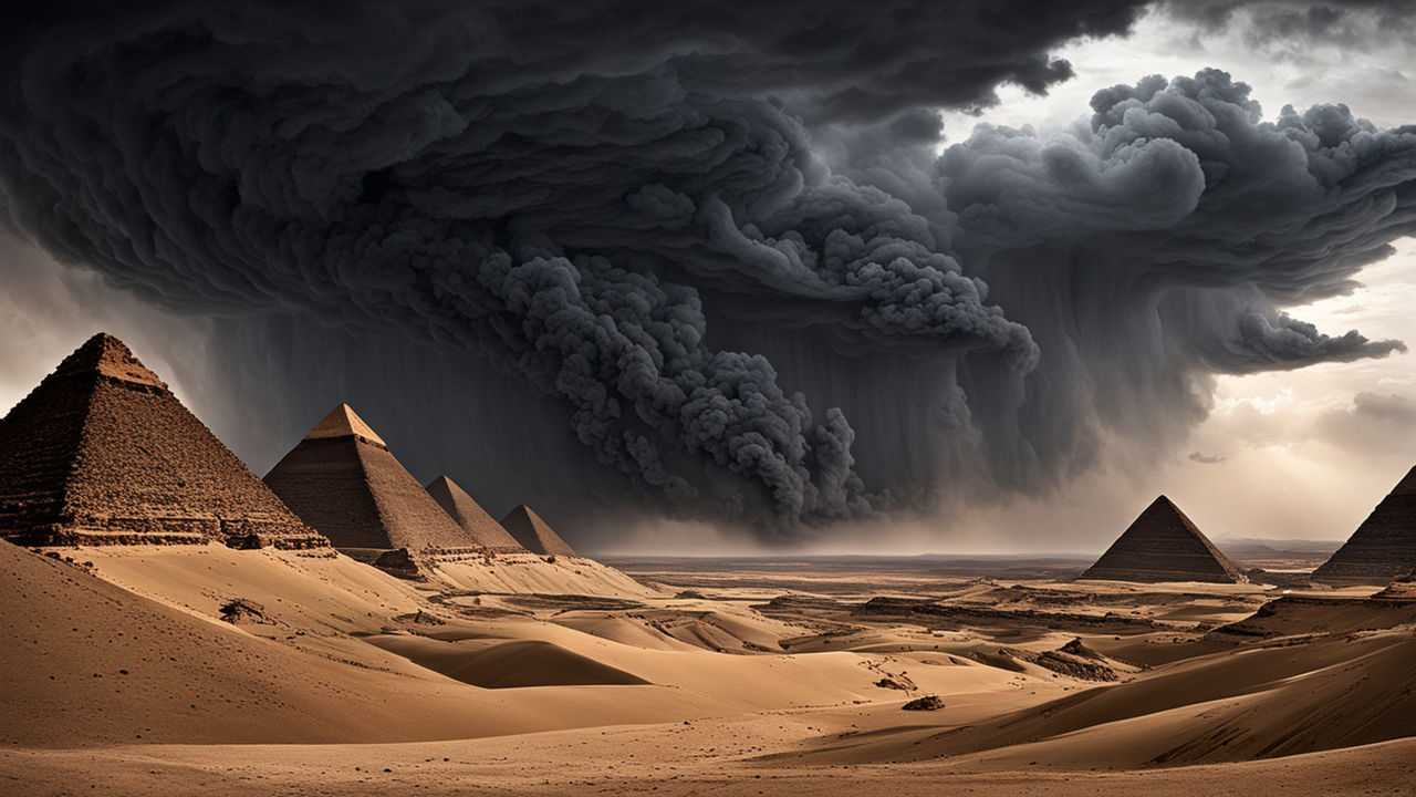 Dramatic depiction of Egyptian desert landscape under the om... by ...