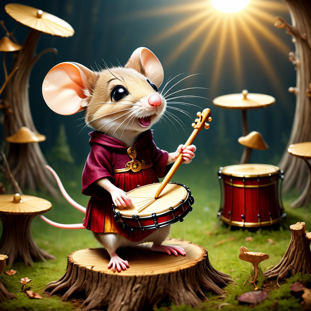 A cheerful cute mouse sits on a stump in a clearing and pla... by Lilly ...