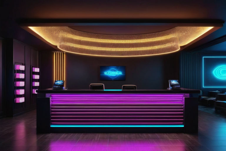 Neon cyber dark themed lighting reception desk at cinema the... by C ...