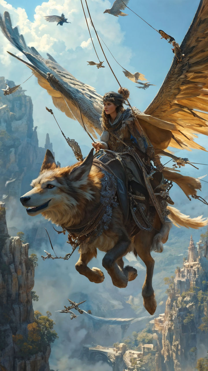 Mythical creatures or ancient humans using primitive flying ... by Анна ...