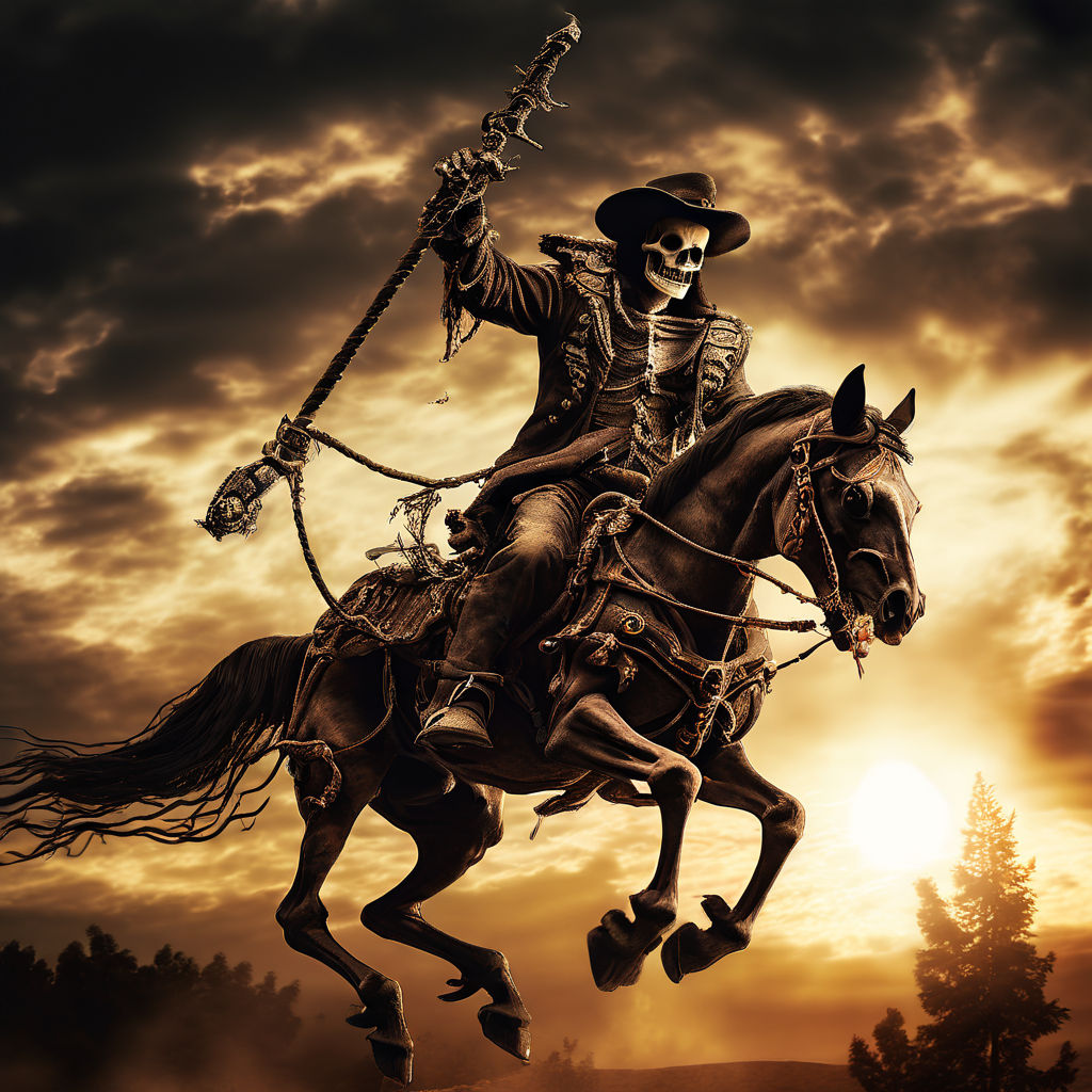 A skeleton man riding a skeleton horse swinging a whip above... by ...