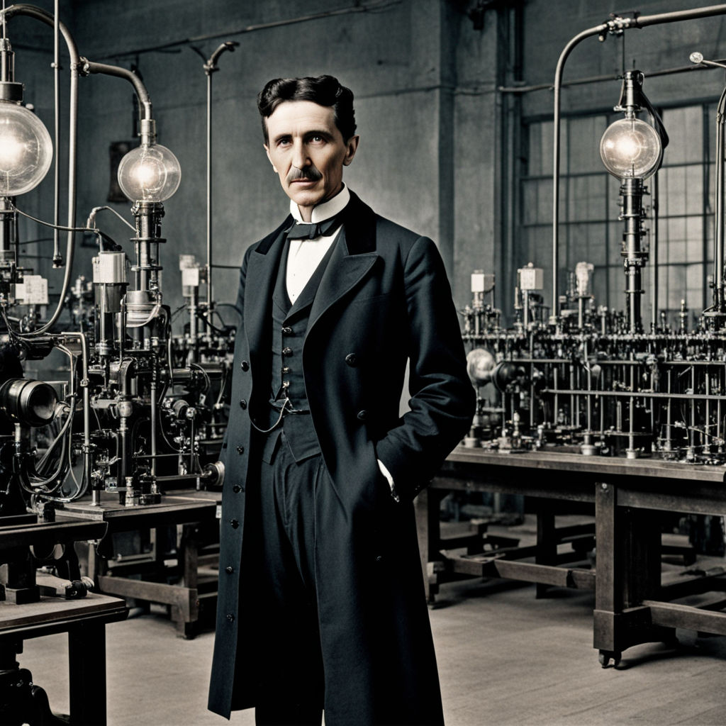 Create an image of Nikola Tesla talking to 50 people about h... by Hot ...