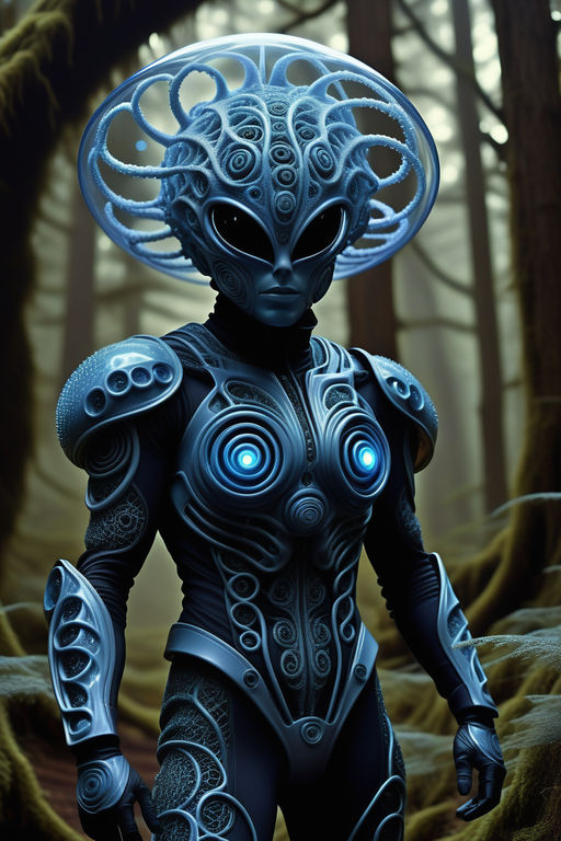 An alien cybernetic hybrid emerges from eerie woodland out o... by ...