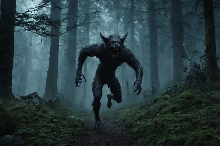 A skinwalker running in an ultra realistic night forest by José Delgado ...