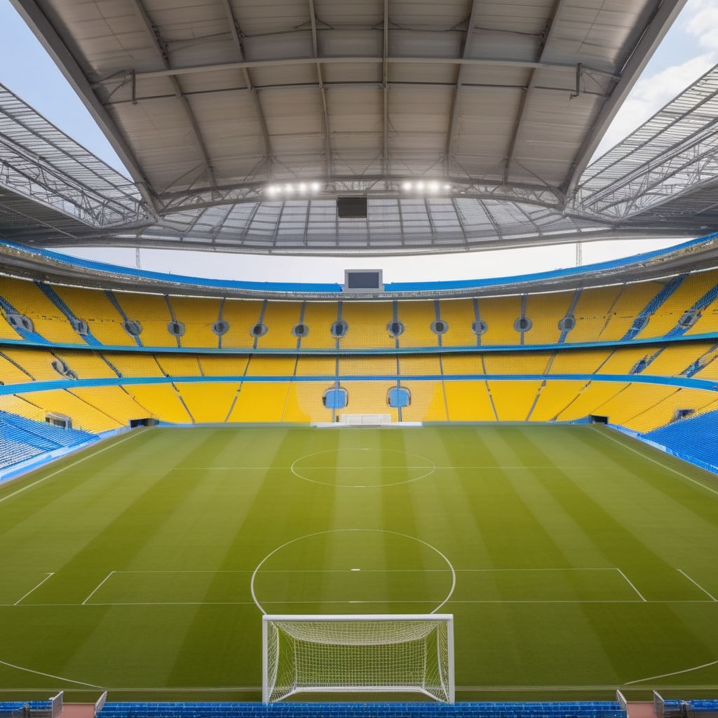Blue and yellow soccer stadium detailed ceiling interior vie... by T K ...