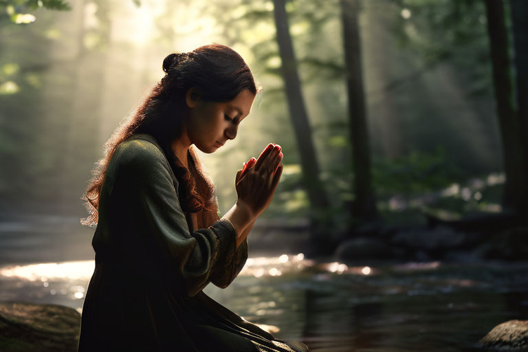 Create a realistic image of a Pentecostal woman praying in a... by ...