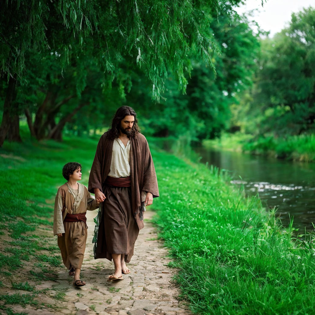 An image of Jesus and a man and a boy walking beside a river... by Lokz ...