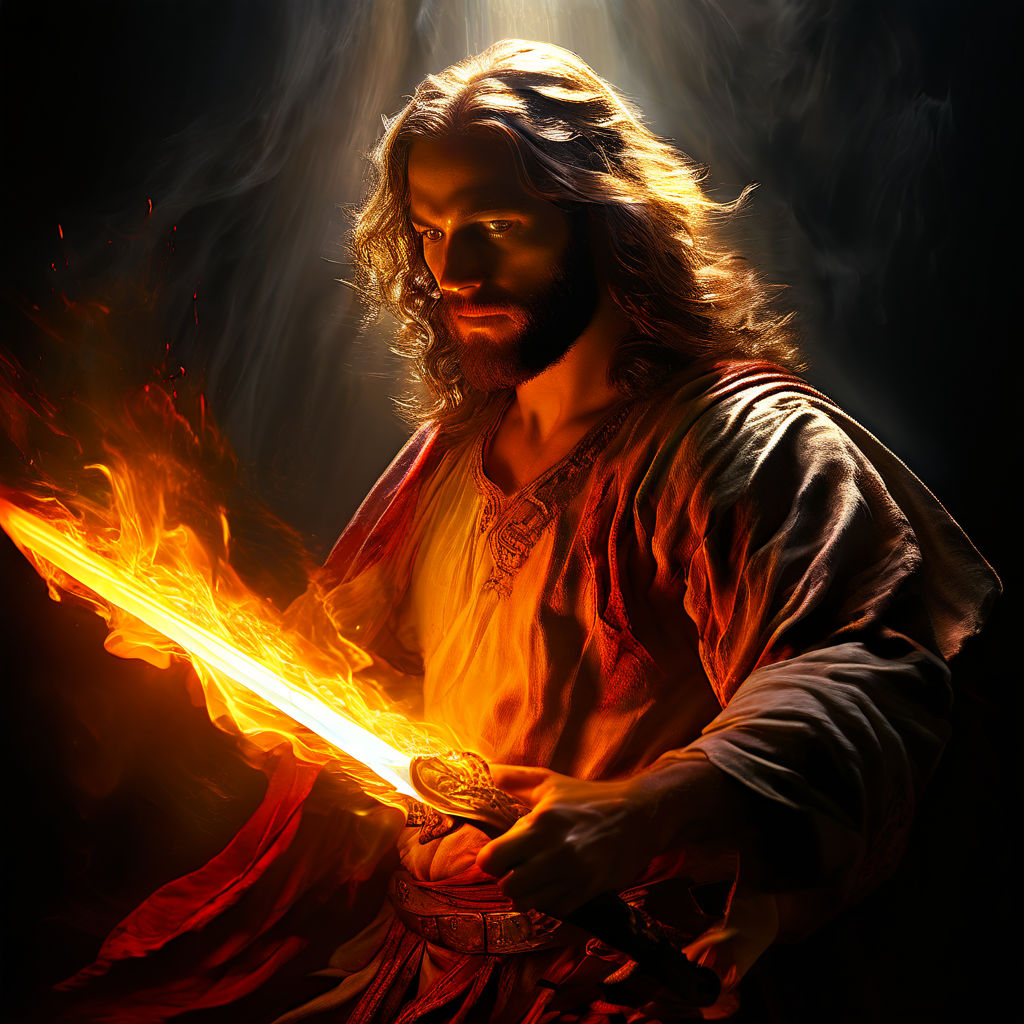 Jesus holding a sword surrounded by dancing flames by peewee12k ...