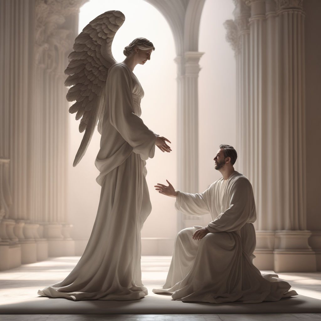 Create a scene of an angel talking to a simple human man by Aline ...