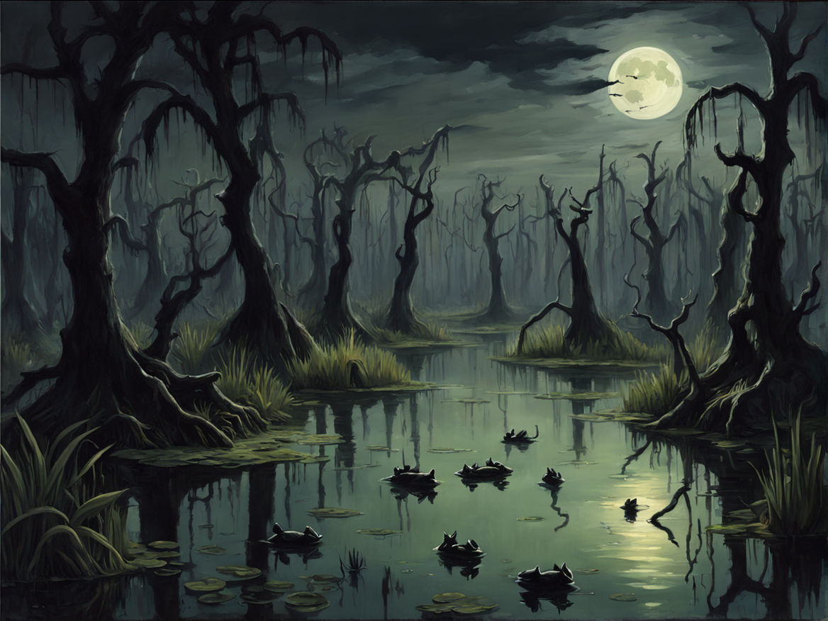 An eerie and sinister painting of a stinky boggy swamp at mi... by ...