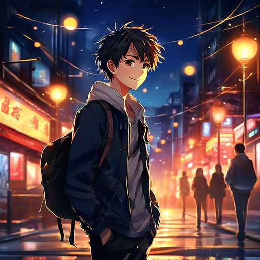 Anime young man walking in street smiling at night by marry heart ...