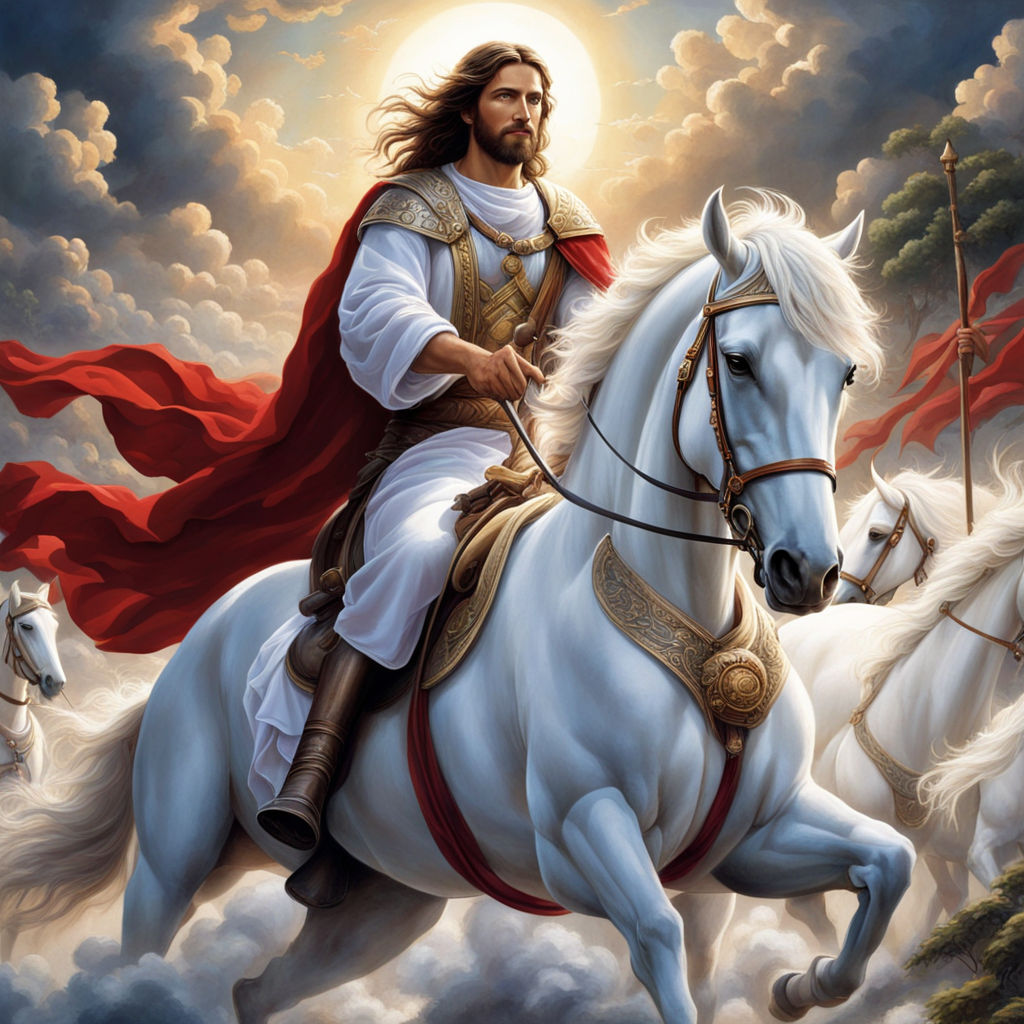 Jesus riding a White horse with a red vest by Jeanette Champion ...