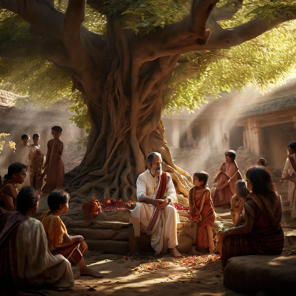 King Vikram seated under an ancient banyan tree's sprawling ... by Tuya ...
