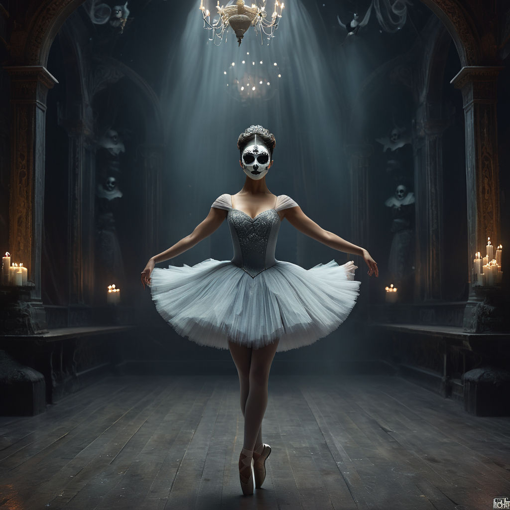 A ballerina in a Calavera mask dancing a creepy dance on a g... by ...