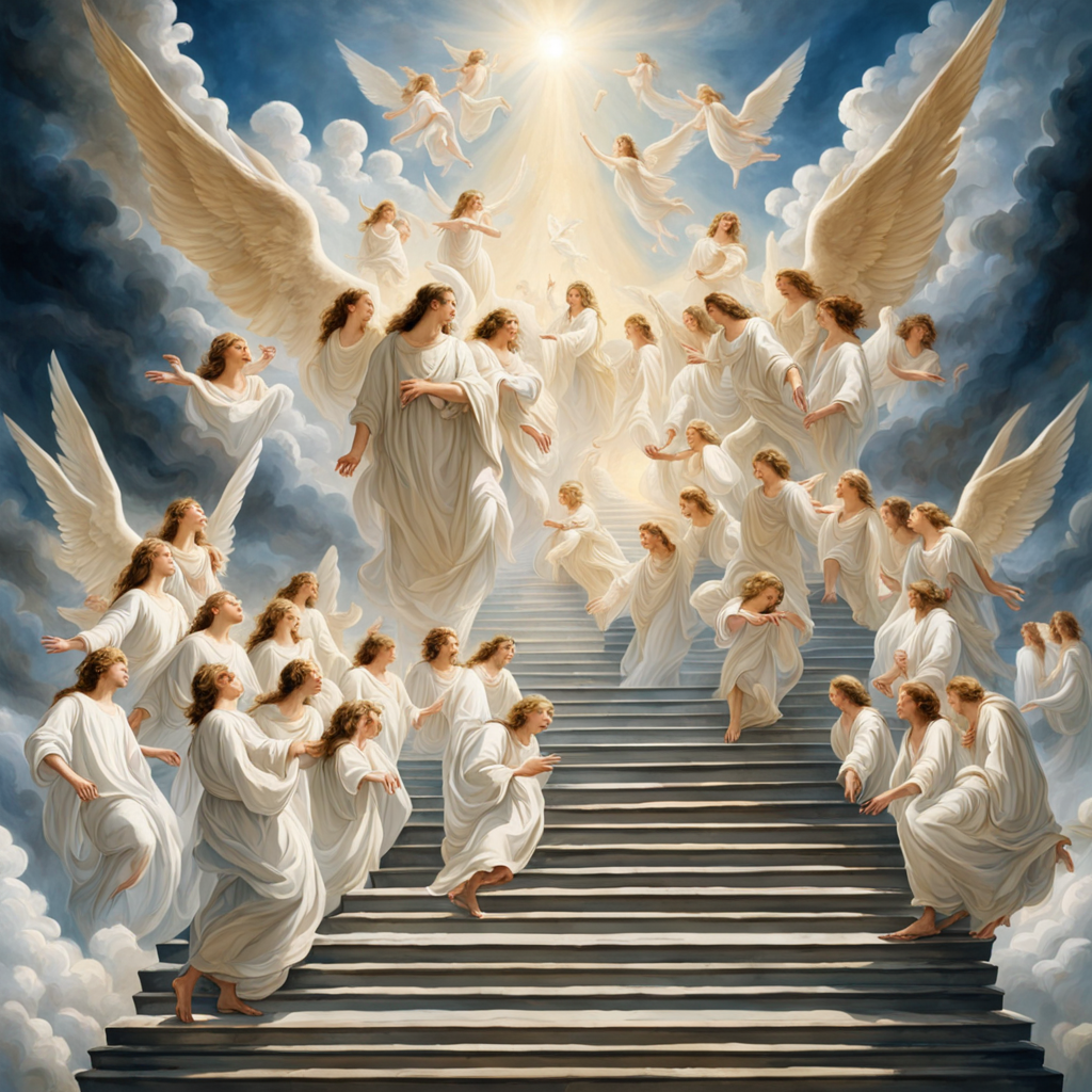Numerous Angels walking up and down a stairway to heaven. At... by Ron ...