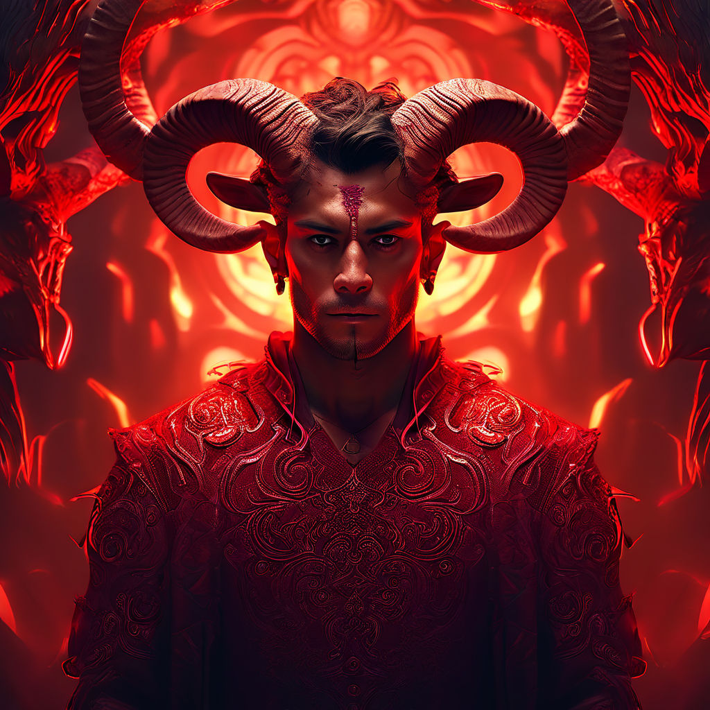 Red-skinned man with ram's horns set in a detailed and intri... by ...
