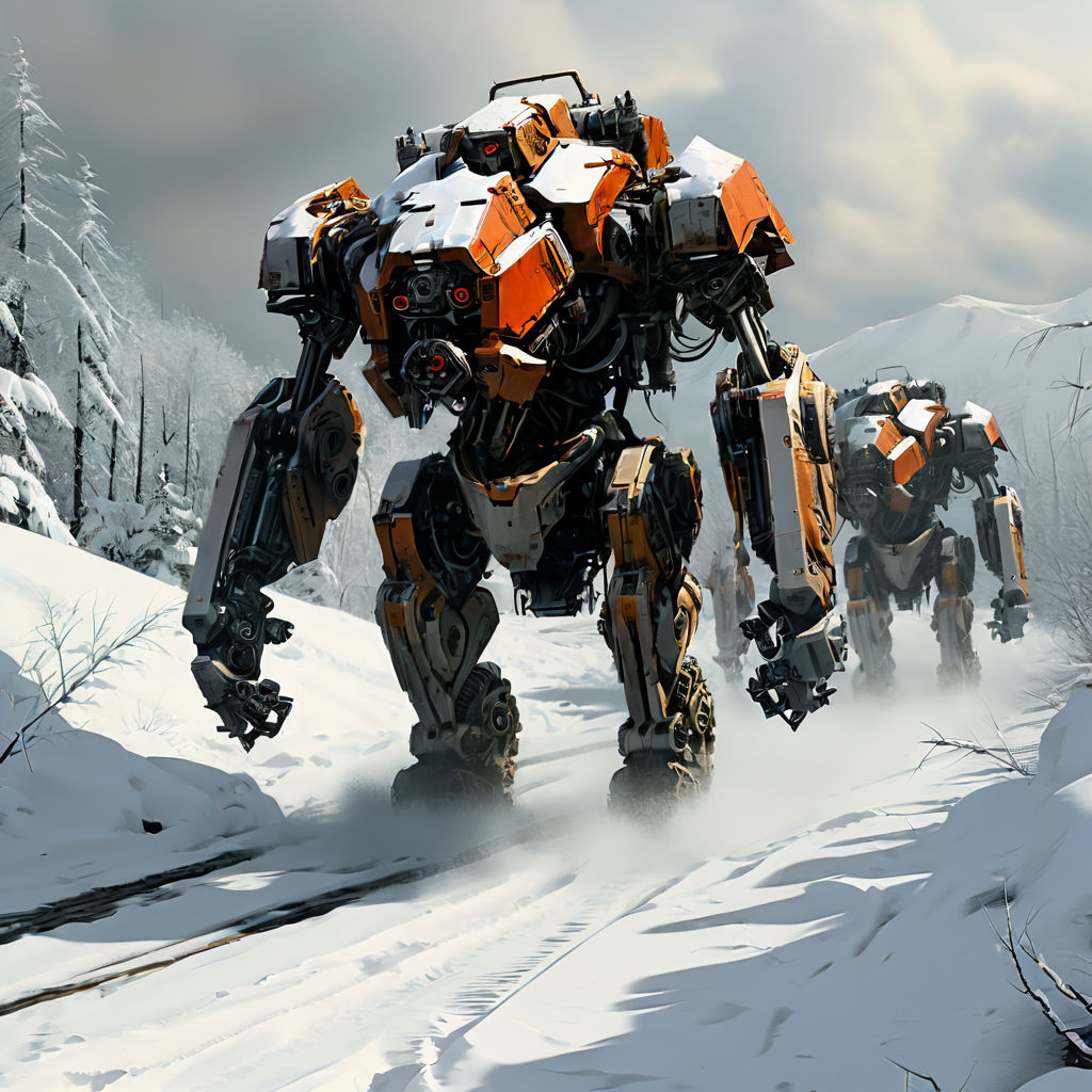 Some large mechanical robots are crossing a snowy terrain by Temp ...