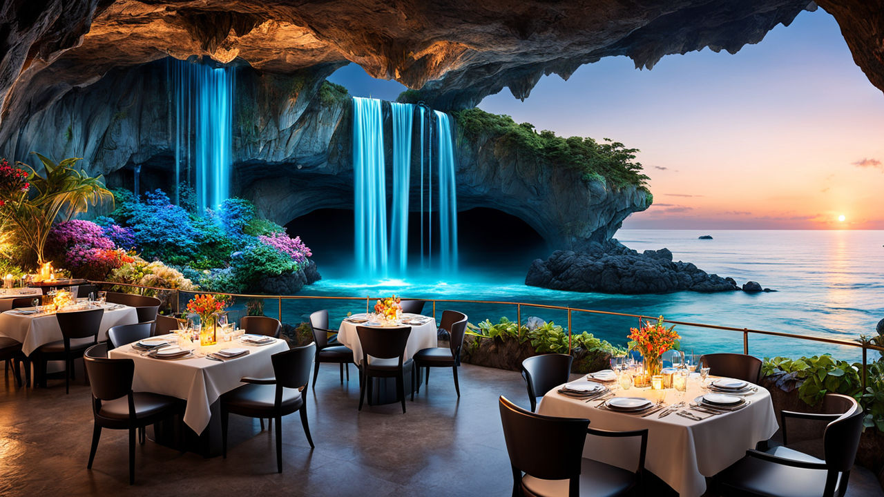 A hyper-realistic luxurious outdoor restaurant in a cave ov... by Unify ...