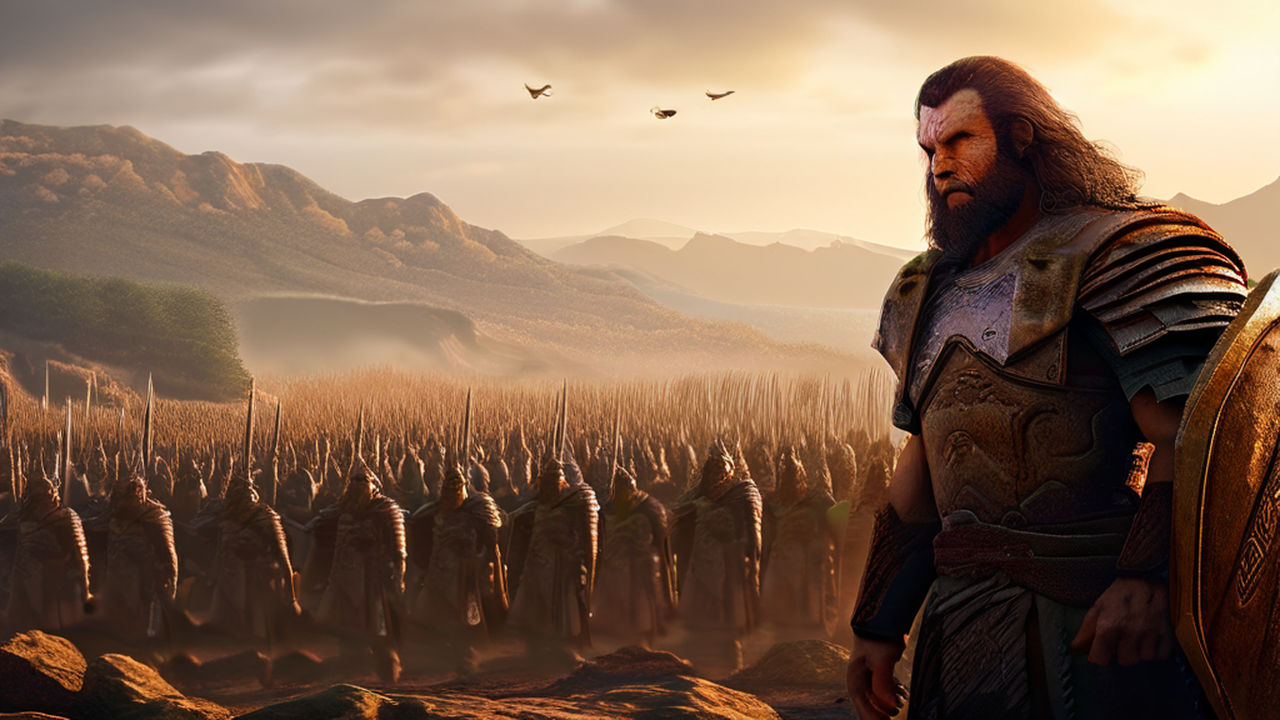 Create image of a giant warrior with his army in ancient Isr... by Rami ...