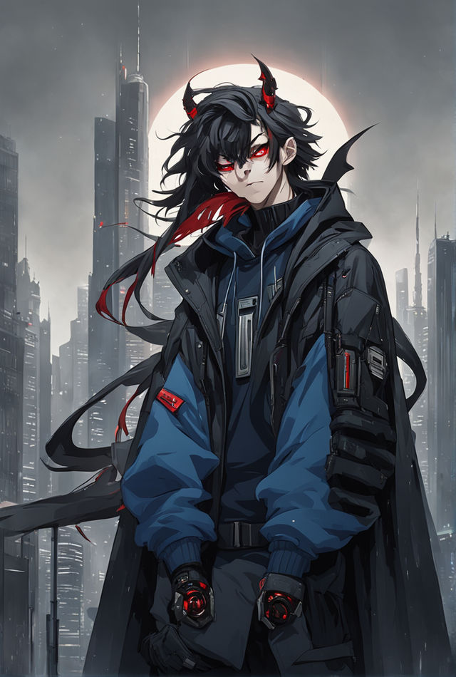 Full-face blue japanese demon mask with red eyes on a tall s... by ...