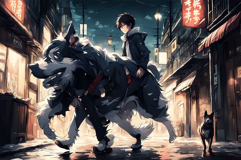 A mysterious back dog chasing an anime boy in a dark steet a... by ...