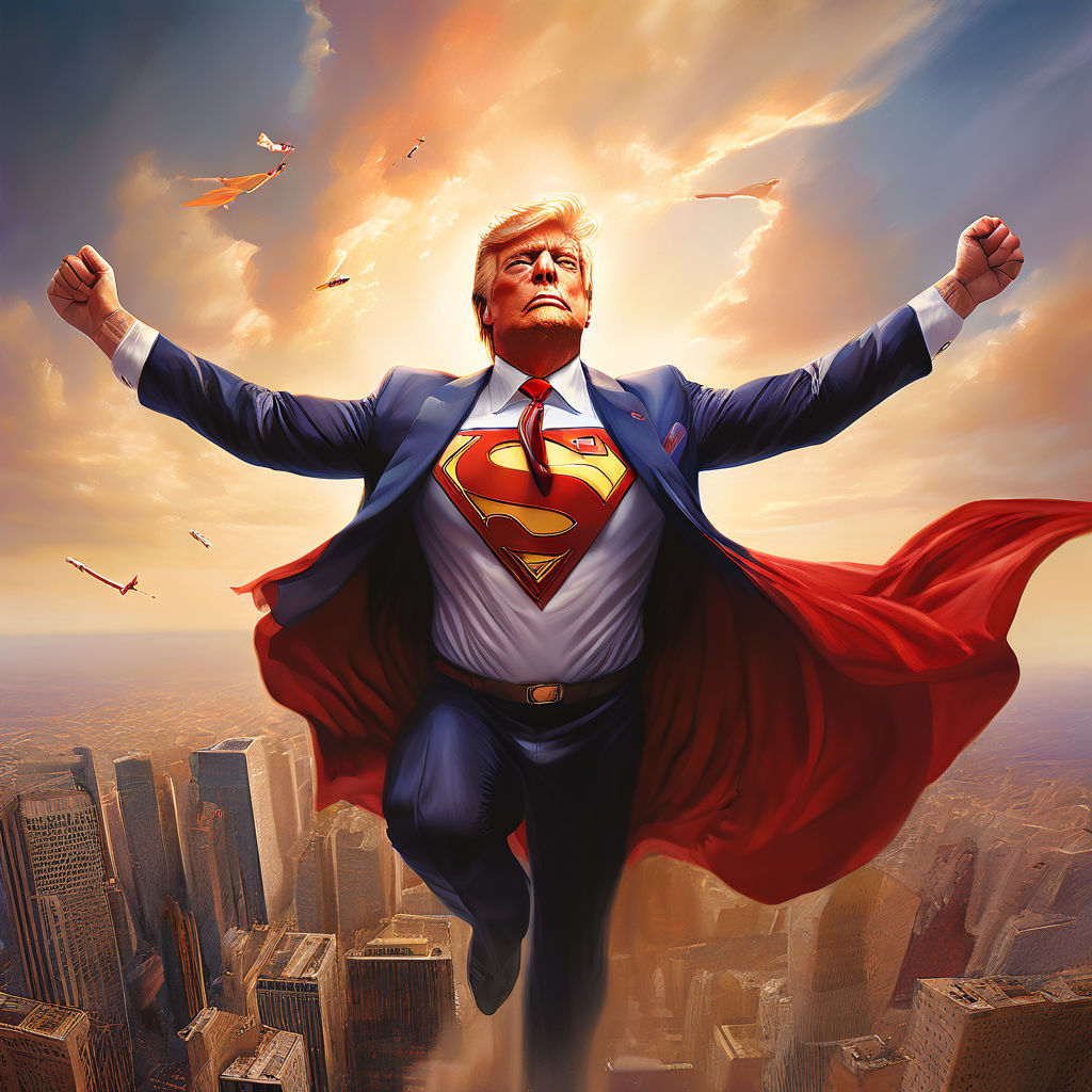 Donald Trump soaring high above a bustling metropolis by Глеб Булгаков ...