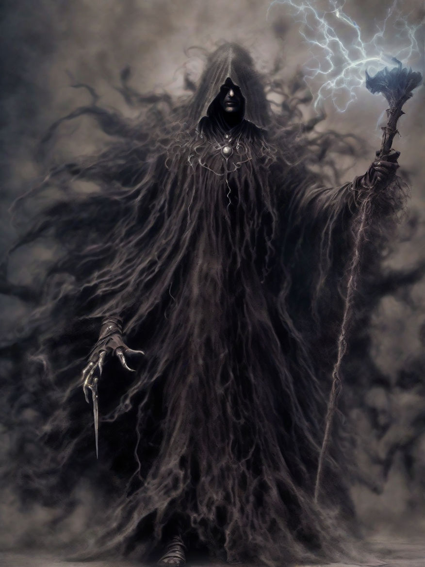 Full body photograph of an mighty evil necromancer using tel... by ...