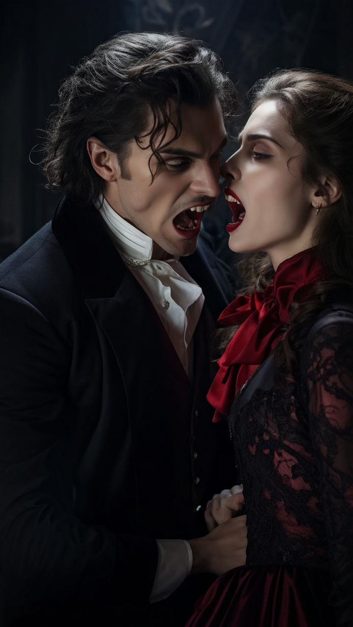 A vampire bites a woman's neck while bending over. the is h... by ...