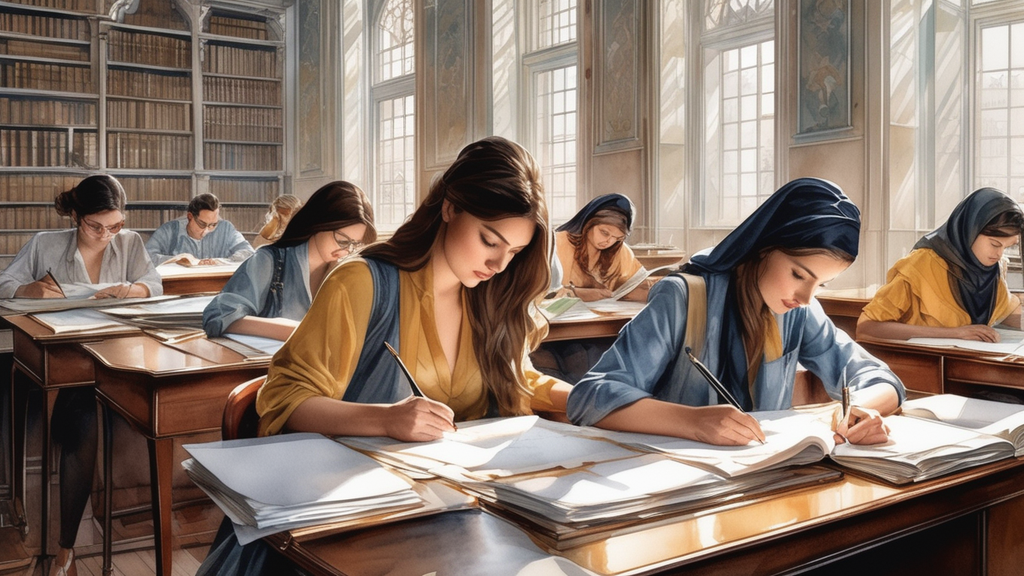 Veiled female students study drawings without facial feature... by Reda ...