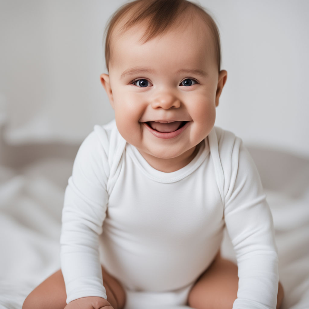 A baby wearing a plain white bodysuit smiling by Ngozi Osakwe - Playground