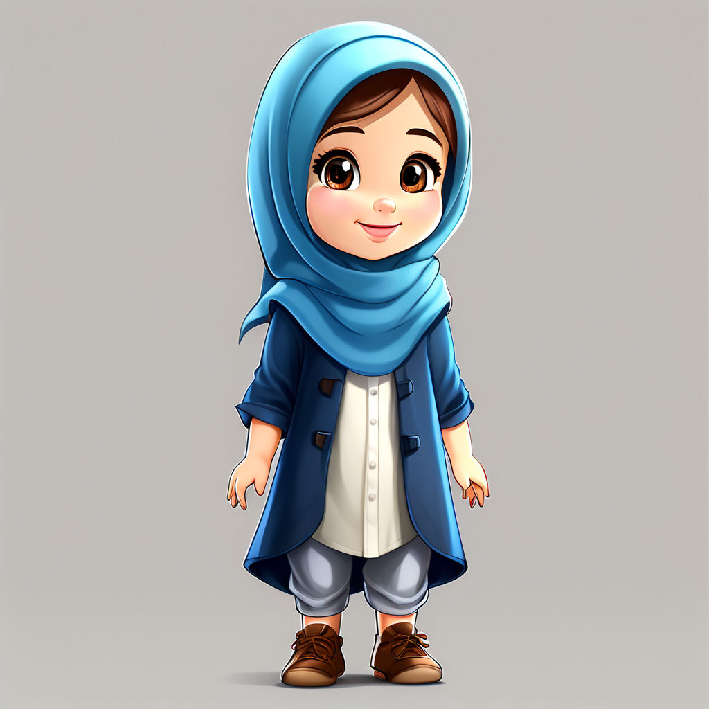 Cute girl kid cartoon half long hair hijab blue eyes. full b... by ...