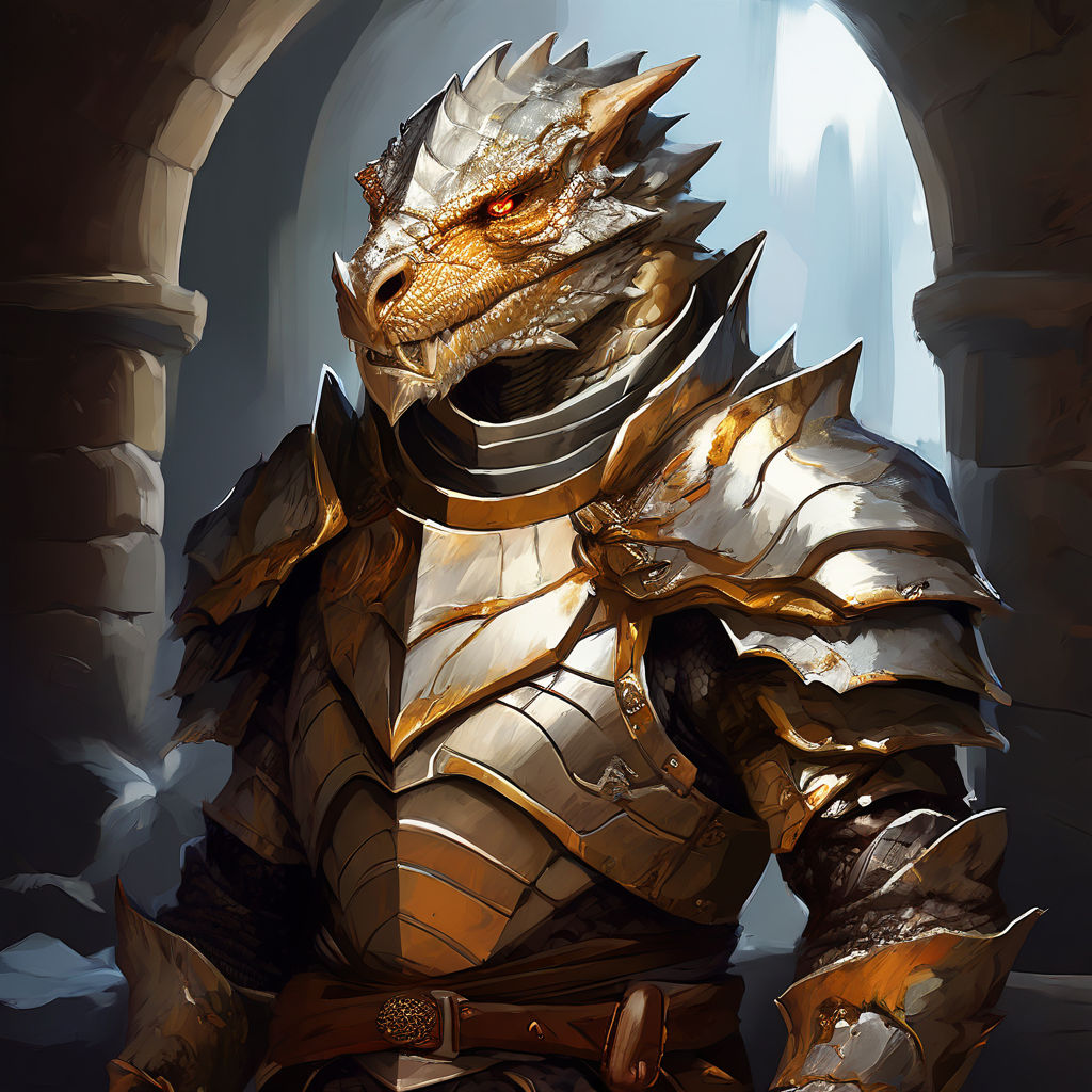 Draw a portrait of dragonborn knight wearing silver armor. H... by ...