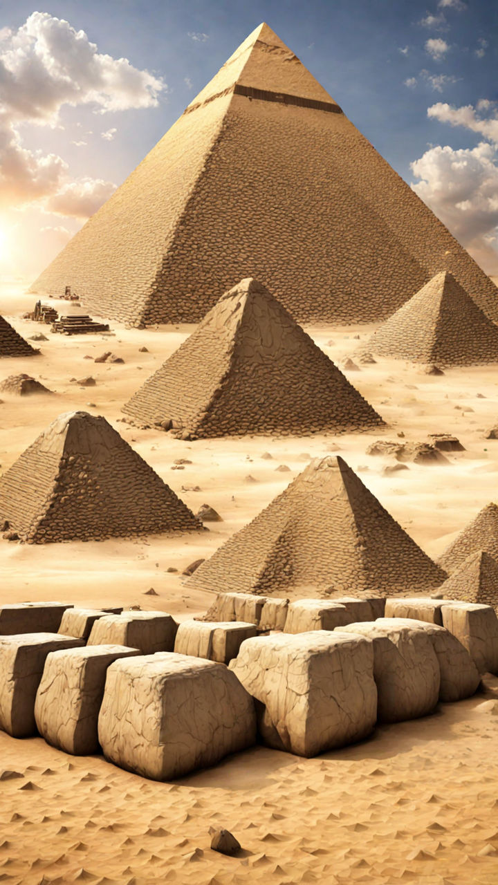 Create an image of the Egyptian pyramids being built by gian... by ...