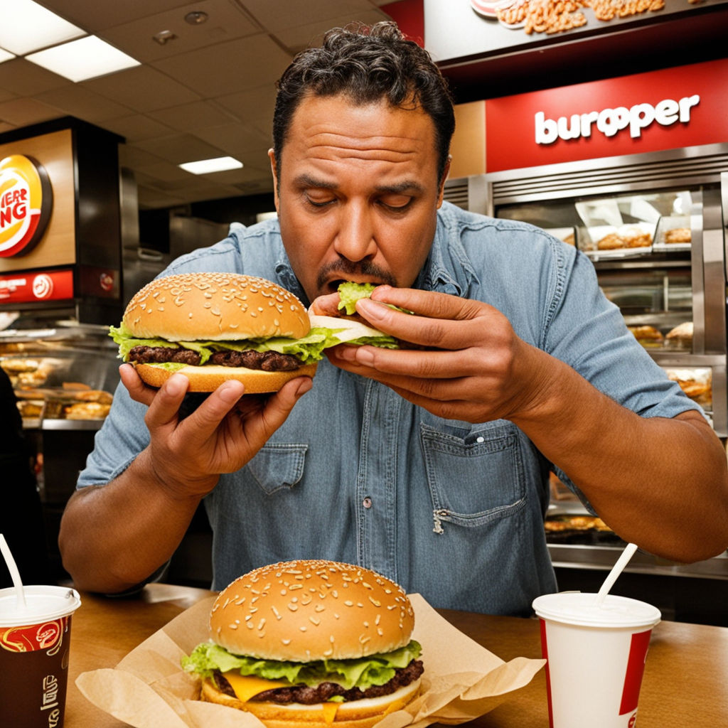 A man grabbing and eating whopper in a burgerking restaurant... by 김경태 ...