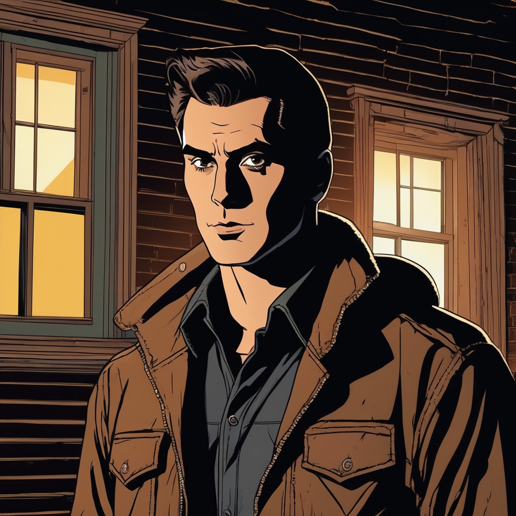 Generate a picture of a man in a dark creepy haunted house w... by ...