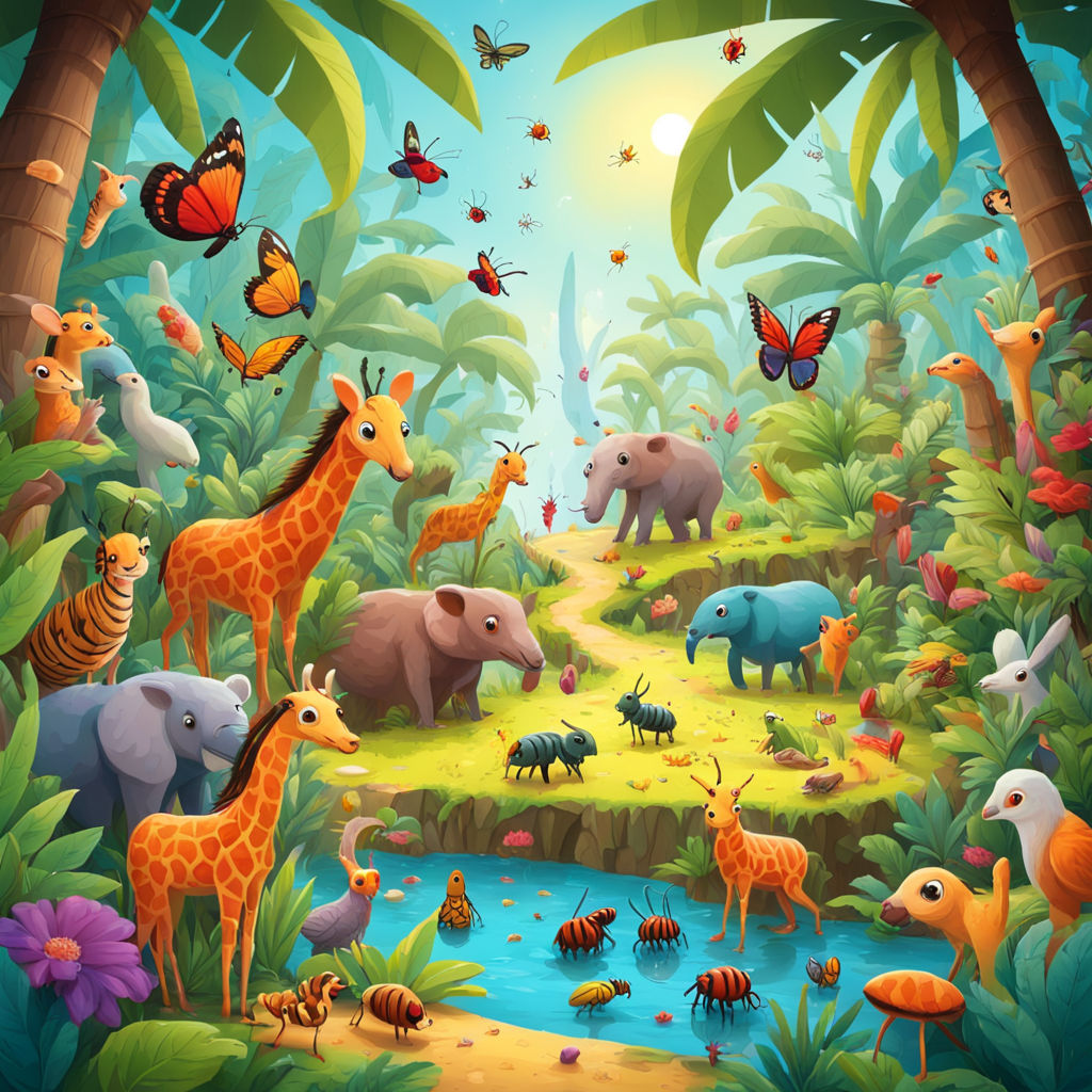 Vivid colorful scene of a paradise where many different anim... by ...