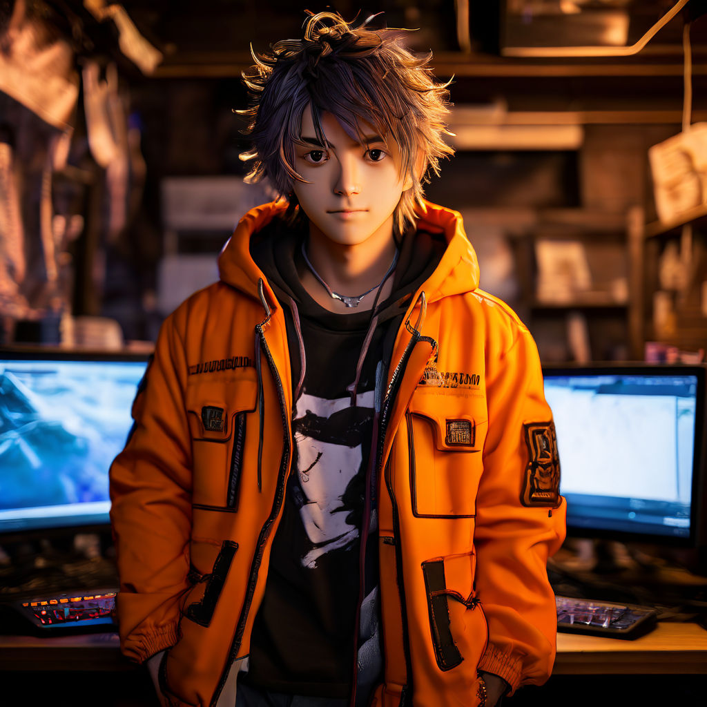 Anime boy character stand front of Gaming setup wearing oran... by ANNU ...
