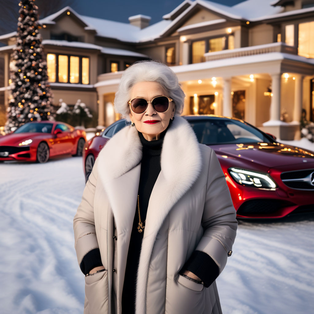 Cool grandma standing next to expensive cars and behind a bi... by ...