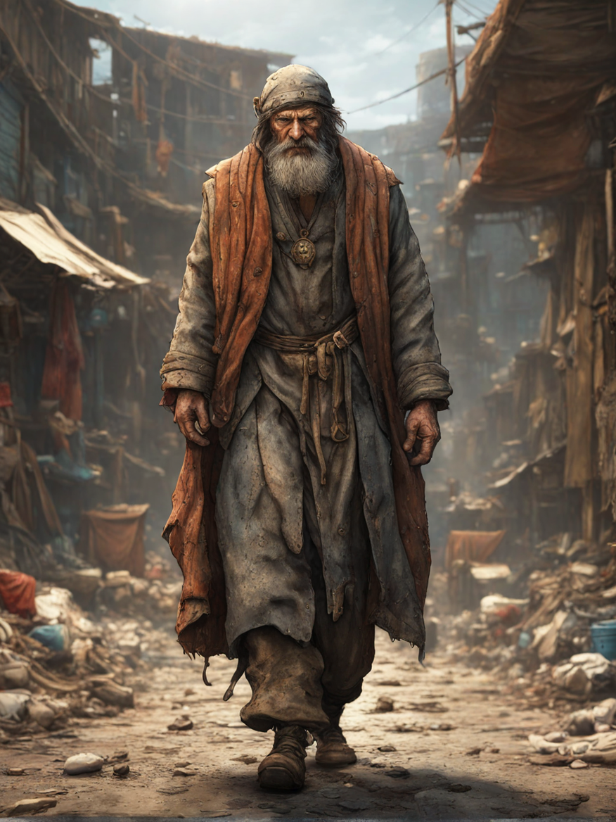CREATE a poor medieval homeless man walking alone through a ... by ...