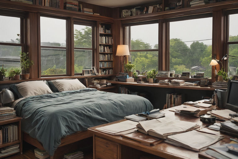 Extreme close-up of crowded and tidy desk under the panorami... by ...